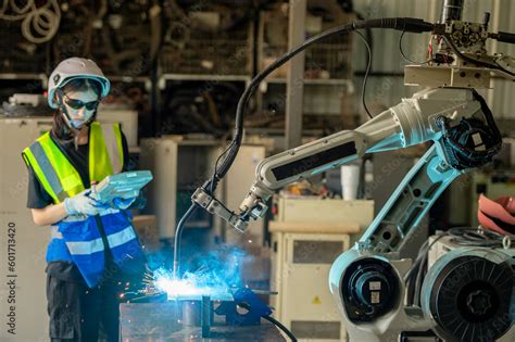 Engineer Control Robot Arm Machine Welding Steel Worker Using Forcing