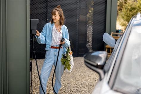 Premium Photo Woman Plugging A Charger Into Electric Vehicle