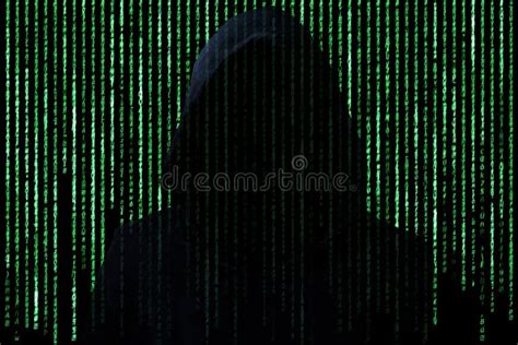 Hacker Concept Unrecognizable Person In The Hood Break Computer Character Codes Stock Image