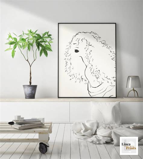 Natural Curly Hair Black Woman Art Nude Line Drawing Printable Wall