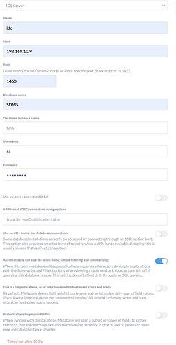 timed out after 10s sql server connection error get help metabase