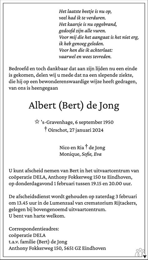 Bert Albert De Jong 27 01 2024 Overlijdensbericht En Condoleances