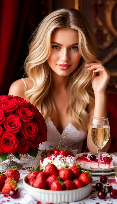 «🎁 Татьяна с днём рождения 🌹 красивая нежная блондинка сидит за праздничным столом с бокалом