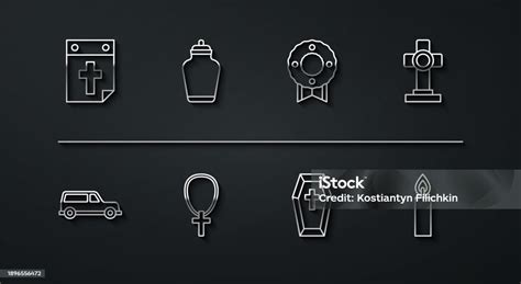 세트 라인 달력 죽음 영구차 십자가와 무덤 관 사슬에 기독교 장례식 항아리 불타는 촛불 및 기념 화환 아이콘 벡터 검은색에 대한 스톡 벡터 아트 및 기타 이미지 Istock