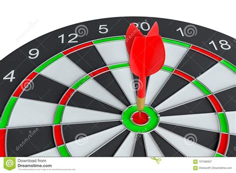Close Up Red Dart Arrow On Center Of Dartboard Stock Illustration Illustration Of Black Play