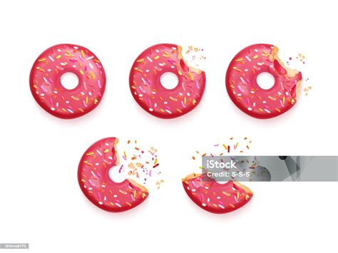 물린 도넛 현실적인 먹은 도넛 하누카에 대한 구멍이 있는 맛있는 비스킷 물린 하프 도넛 다채로운 유약 토핑과 부스러기 설탕 진미 착빙 정확한 벡터 일러스트 레이 션 구멍에