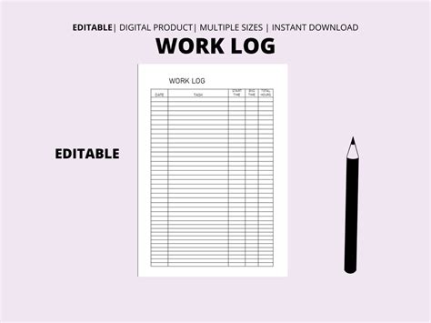 Editable Work Log Printable Time Spent Tracker Timelog Working Hours