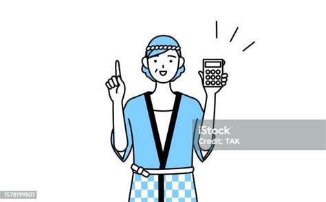 여름 축제를 위해 해피 코트를 입은 노인 여성이 계산기를 들고 가리키고 있다 Matsuri에 대한 스톡 벡터 아트 및 기타 이미지 Matsuri Obon