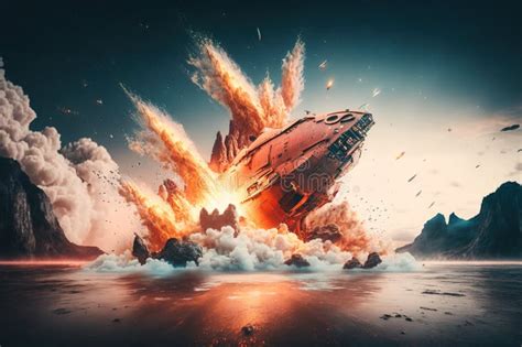 Spectacular Spaceship Crash Flaming Rocket Falls Into The Water Stock