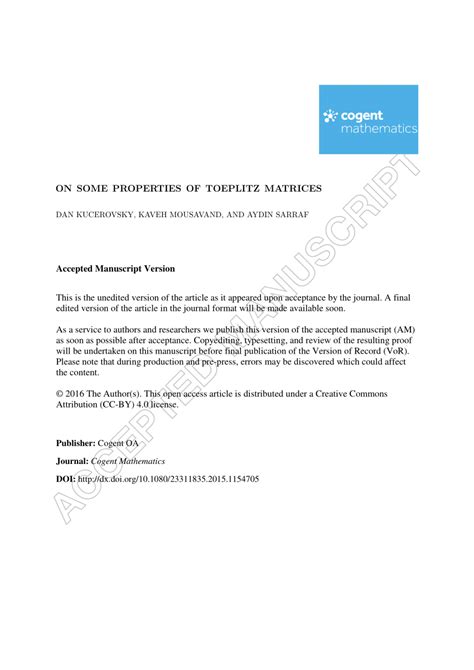 PDF On Some Properties Of Toeplitz Matrices