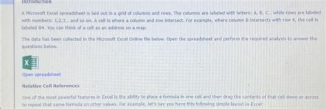 Solved A Microsott Excel Spreadsheet Is Laid Out In A Grid