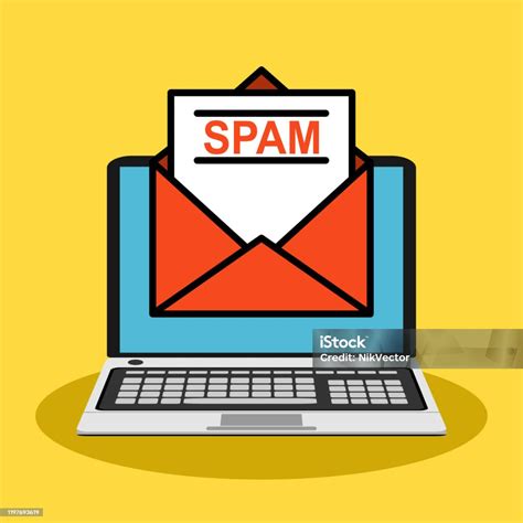 스팸 이메일 경고 창이 랩톱 화면에 나타납니다 바이러스 불법 복제 해킹 및 보안의 개념 스팸 봉투 전자 메일 보호 맬웨어 방지 소프트웨어의 웹 사이트 배너 플랫 벡터입니다