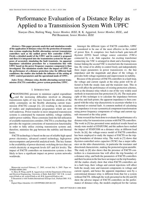 Pdf Performance Evaluation Of A Distance Relay As Applied To A Transmission System With Upfc