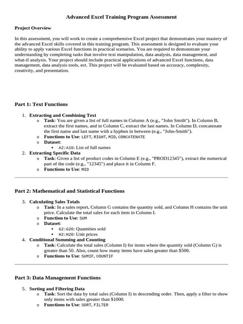 Advanced Excel Training Program Assessment Pdf
