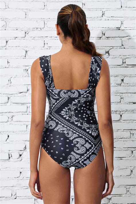 Black Floral Scoop Neck Elegant One Piece Swimsuit