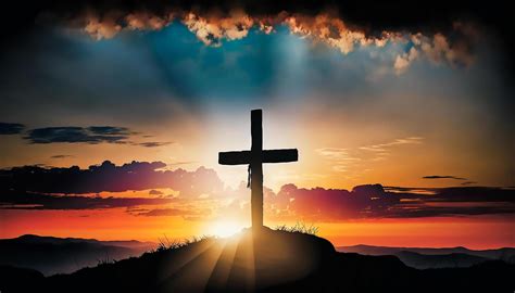 Cross Of Jesus Christ On A Background With Dramatic Lighting Colorful Mountain Sunset