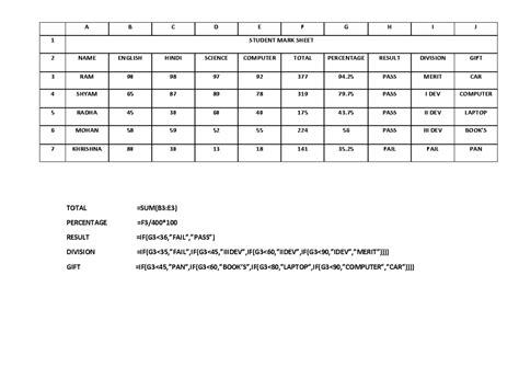 Student Mark Sheet A B C D E F G H I J 1 Student Mark Sheet 2 Name