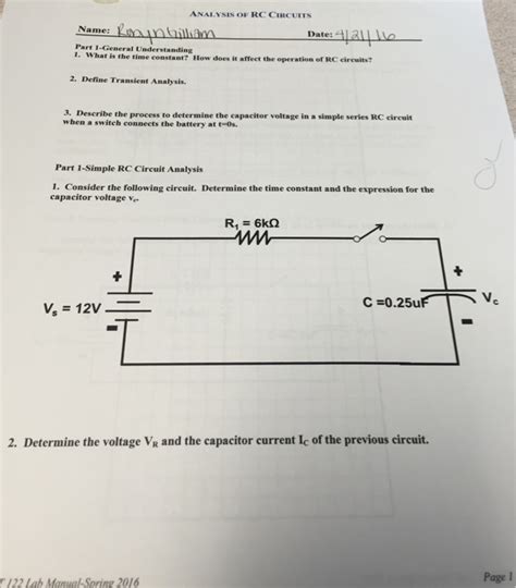 Solved ANALYSIS OF RC CIRCUITS Name Date Part General Chegg