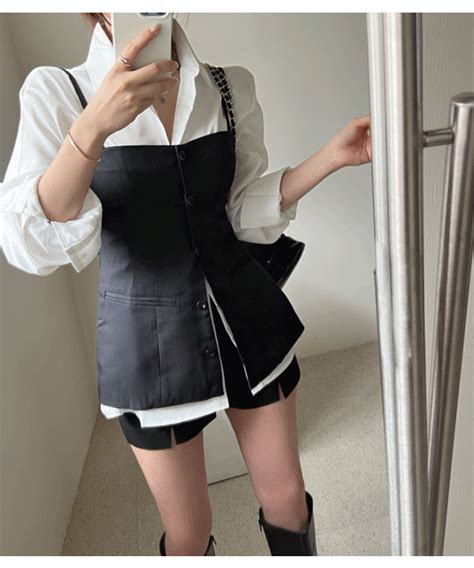 잔느﻿ ﻿set 나시 뷔스티에 화이트 롱셔츠 투피스[단독착용가능 허리슬림효과 여리핏] 에이블리