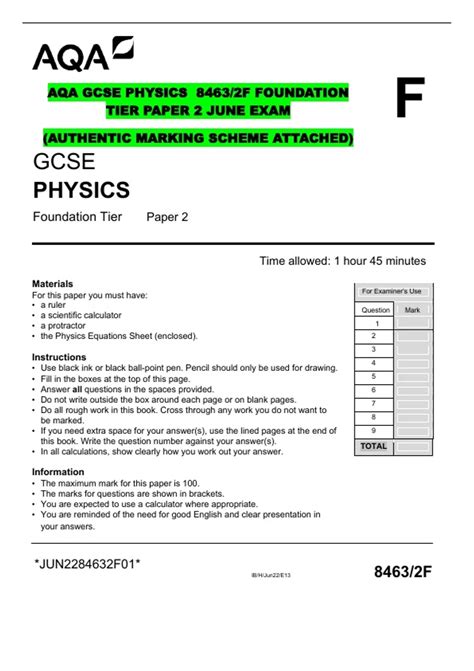 AQA GCSE PHYSICS F FOUNDATION TIER PAPER JUNE EXAM AUTHENTIC MARKING SCHEME ATTACHED