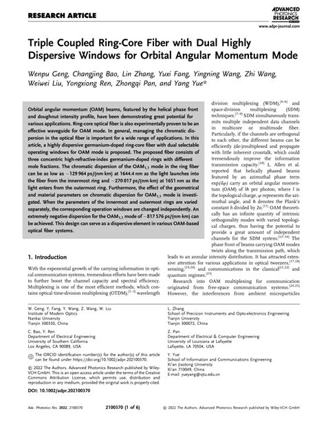 Pdf Triple Coupled Ring‐core Fiber With Dual Highly Dispersive Windows For Orbital Angular