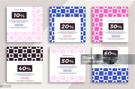 트렌디 한 기하학적 패턴의 정사각형 광고 웹 배너 세트 소셜 미디어 모바일 응용 프로그램을위한 현대 판매 및 할인 프로모션 창조적 인 배경 벡터 편집 가능한 배경 Eps
