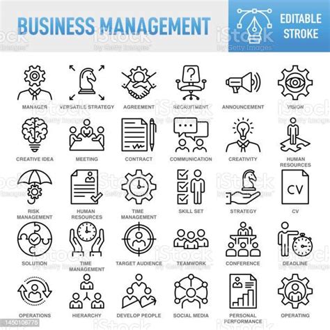 현대 유니버설 비즈니스 관리 라인 아이콘 세트 씬 라인 벡터 아이콘 세트 픽셀 완벽 편집 가능한 스트로크 모바일 및 웹용 이 세트에는 비즈니스 전략 관리 목표 대상 리더십