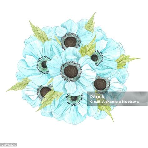 손으로 그린 수채화 푸른 말미잘 꽃다발 와 녹색 잎 와 백색 배경 고립된 통하고 있는 엽서 포스터 및 기타 인쇄물에 사용할 수 있습니다 0명에 대한 스톡 벡터 아트 및 기타