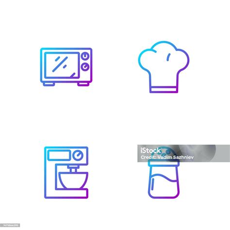 세트 라인 소금 전기 믹서 전자 레인지 및 요리사 모자 그라데이션 색상 아이콘 벡터 가정 생활에 대한 스톡 벡터 아트 및 기타 이미지 가정 생활 가정 주방 가정의 방