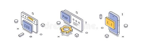 Isometric Line Icons Representing Web Development Concepts In Modern