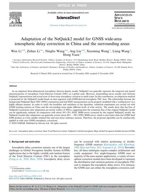 Pdf Adaptation Of The Nequick2 Model For Gnss Wide Area Ionospheric Delay Correction In China