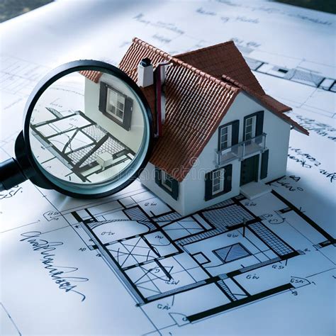 architectural model with annotations on blueprint magnified by glass