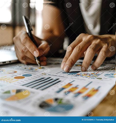 Close Up Of Hands Reviewing Detailed Financial Charts And Graphs Stock