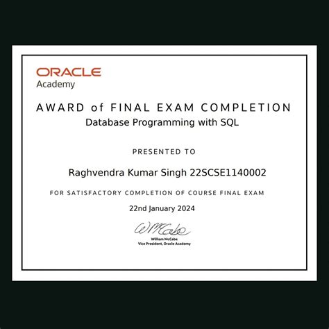 Raghvendra Kumar Singh On Linkedin Completed The Database Programming With Sql Within A Given