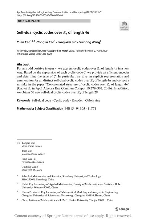 Self Dual Cyclic Codes Over Mathbb Z 4z4 Of Length 4n Request Pdf