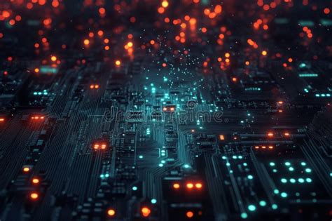 Closeup View Of An Illuminated Electronic Circuit Board Featuring Glowing Particles Stock