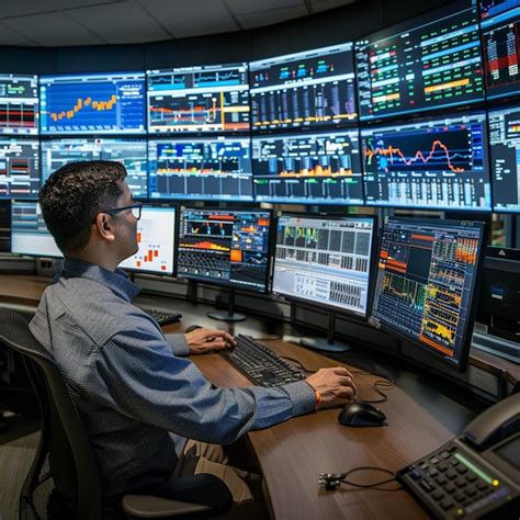 A Control Room With Operators Monitoring Realtime Production Data On Multiple Screens Premium