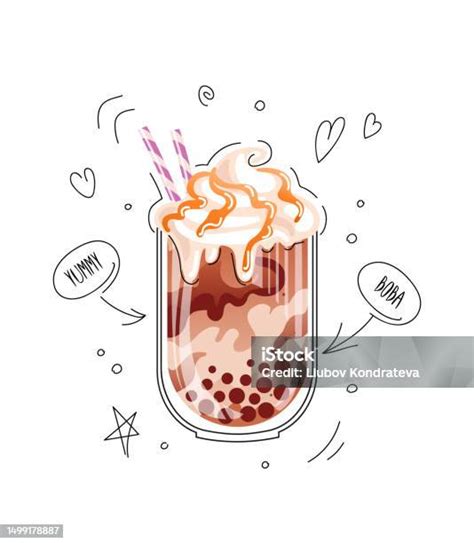 버블티 펄 밀크티 보바 대만 Drink쫄깃한 타피오카 볼 잔디 젤리 알로에 베라 팥 휘핑크림과 카라멜 토핑을 곁들인다 귀여운 낙서 그림입니다 메뉴 카페 광고지 배너 우유에