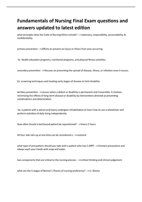 Fundamentals Of Nursing Final Exam Questions And Answers Updated To Latest Edition Apn