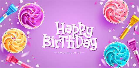 생일 컵 케이크 벡터 배경 디자인 생일 축하 인사말 텍스트와 컵 케이크와 파티 뿔 출생 날 플랫 누워 메시지를위한 보라색 장식 3차원 형태에 대한 스톡 벡터 아트 및 기타