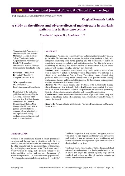 PDF A Study On The Efficacy And Adverse Effects Of Methotrexate In Psoriasis Patients In A