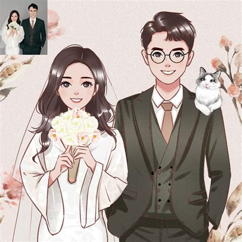 复古水彩手绘结婚礼请柬插画q版头像定制卡通漫画婚纱照片宠物 花瓣网