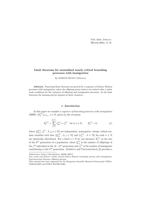 Pdf Limit Theorems For Normalized Nearly Critical Branching Processes With Immigration