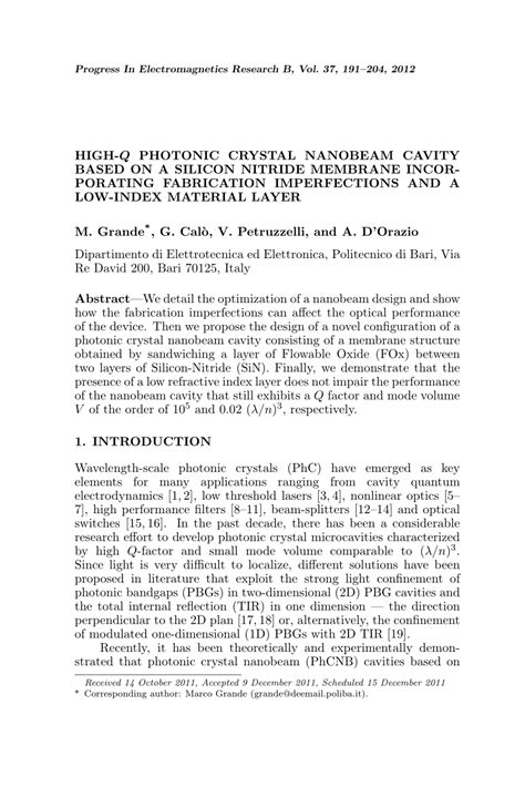 Pdf High Q Photonic Crystal Nanobeam Cavity Based On A Silicon Nitride Membrane Incorporating