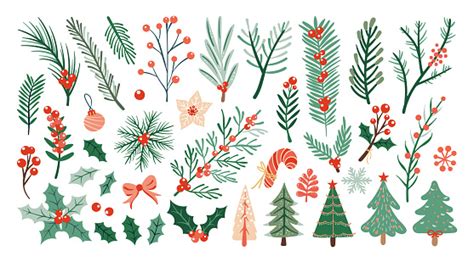 고립 된 크리스마스 식물과 나무 장식의 세트 에서 손으로 그린 낙서 스타일 와 백색 배경에 2권 나무 소나무 가지 호랑가시나무는 빨간색과 녹색 색조로 표현됩니다 아이콘에