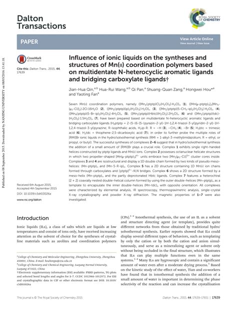 Pdf Influence Of Ionic Liquids On The Syntheses And Structures Of Mnii Coordination Polymers