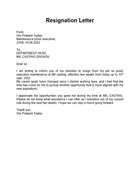 Resignation Letter Example Pdf
