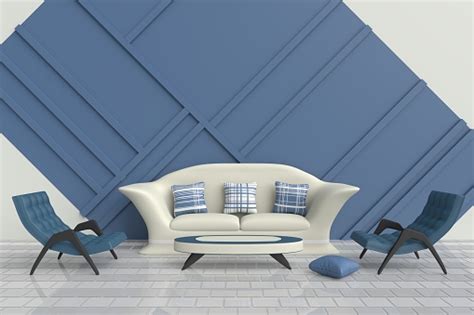 파란색과 흰색 거실 크림 소파 파란색과 흰색 베개 녹색 팔의 자 흰색 바닥 타일 꾸며져 있습니다 가족 이나 청소년을 위한이 공간 일과 사랑의 매일 긴장 3d 렌더링입니다