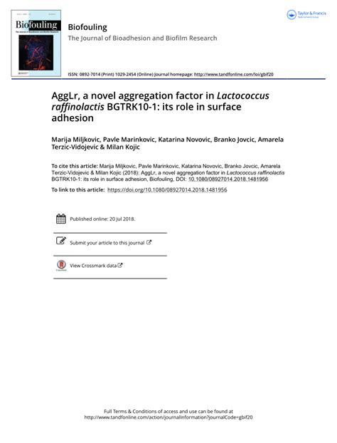 Pdf Agglr A Novel Aggregation Factor In Lactococcus Raffinolactis Bgtrk10 1 Its Role In