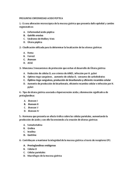 Preguntas Enfermedad Acido Peptica Pdf Enfermedades Y Trastornos